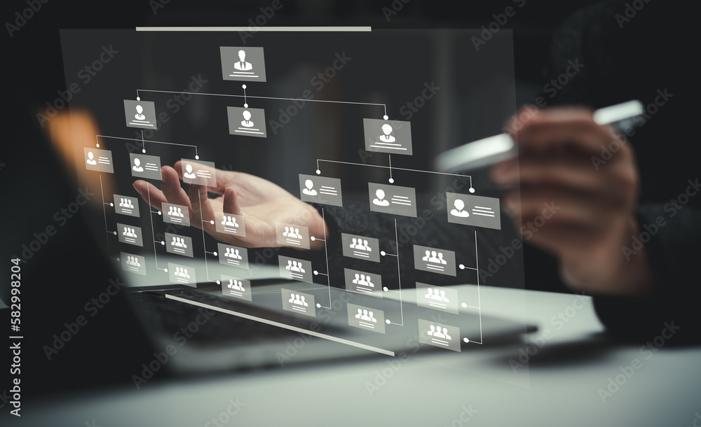 Organization chart with hierarchy structure of teams and employees in company. Business process ...