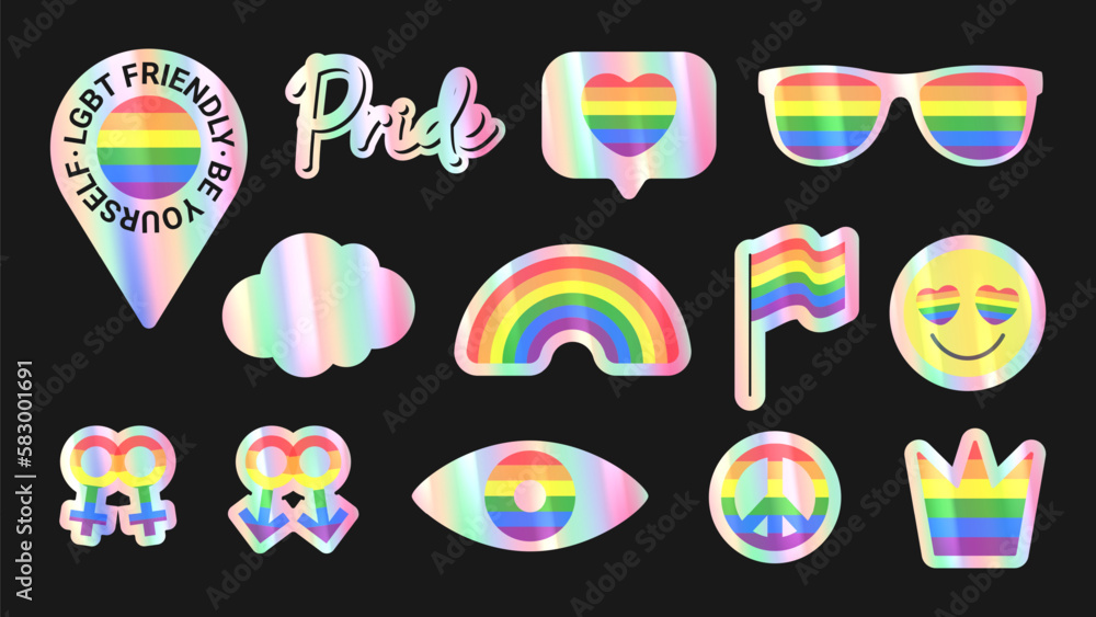 Set of cards for Pride Month. Holographic heart, notification icon ...