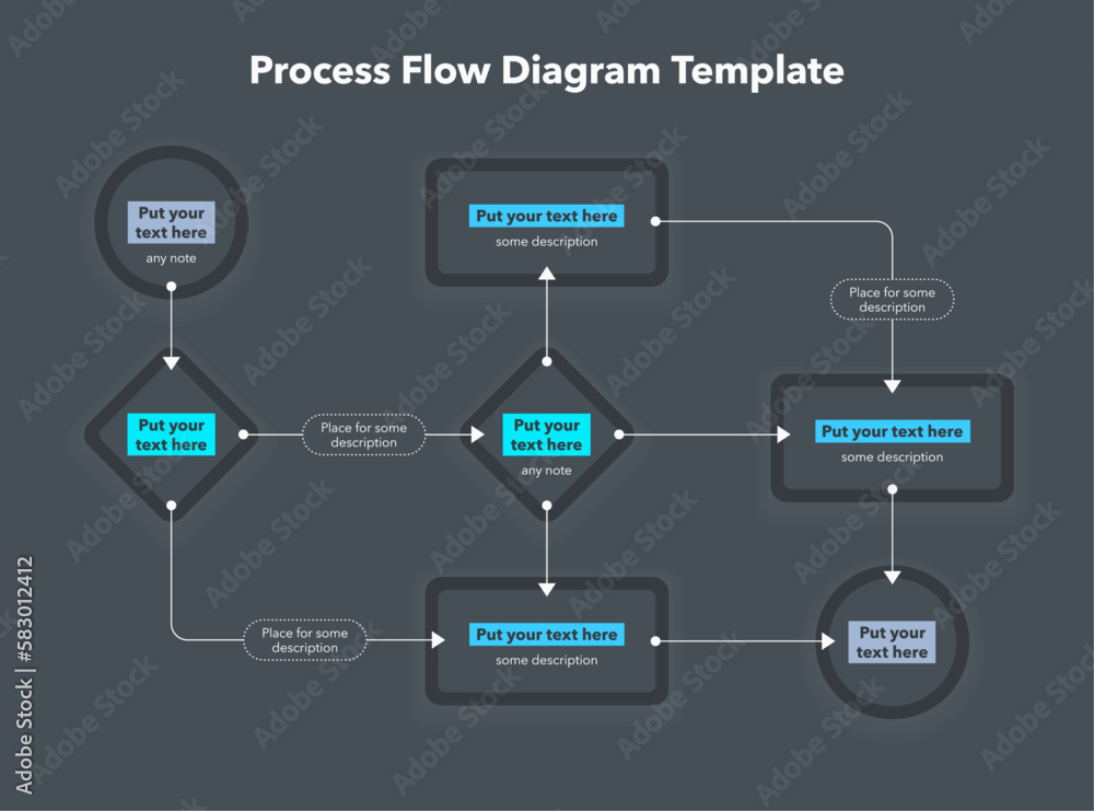 Modern looking template for process flow diagram - dark version. Simple ...