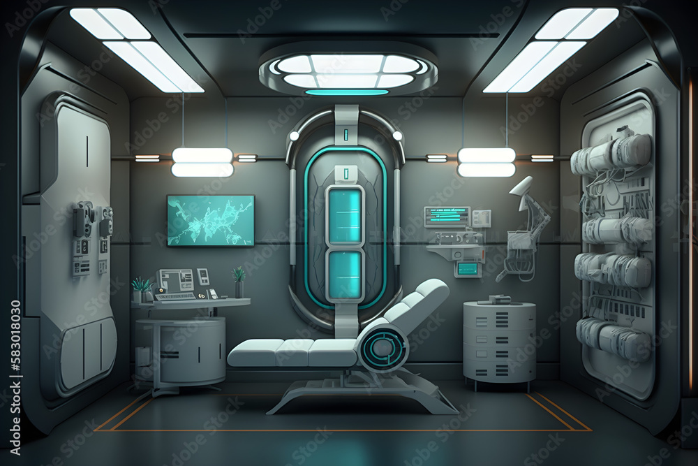 Sci fi futuristic interior of a medical bay with treatment bed and ...