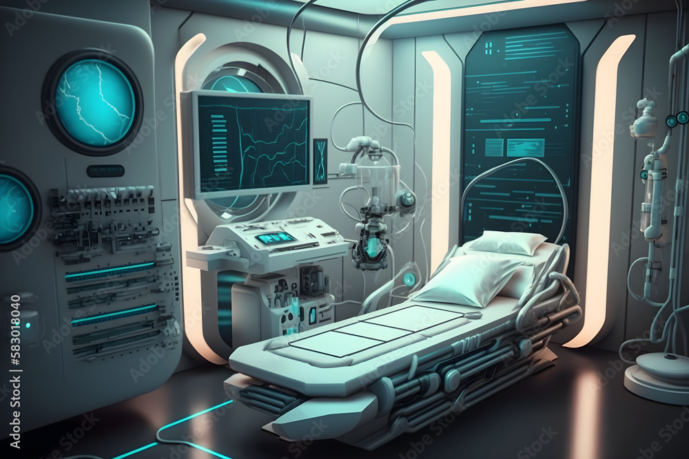 Ilustrace Sci fi futuristic interior of a medical bay with treatment ...
