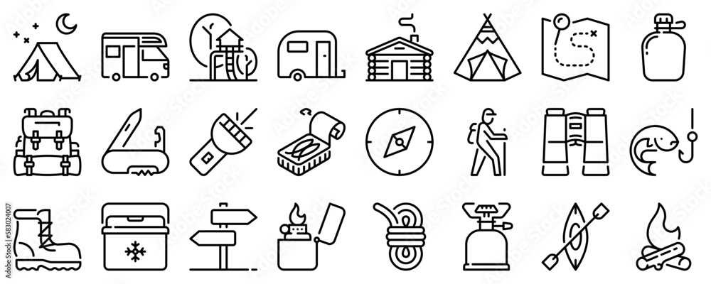 Line icons about outdoor camping on transparent background with ...