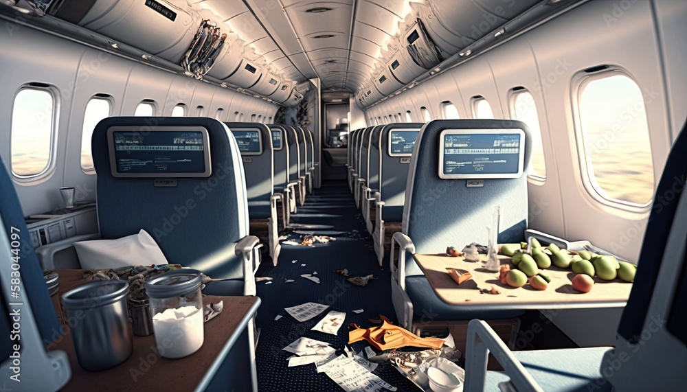 Ilustración de Stock Mess in plane aisle after strong turbulence ...