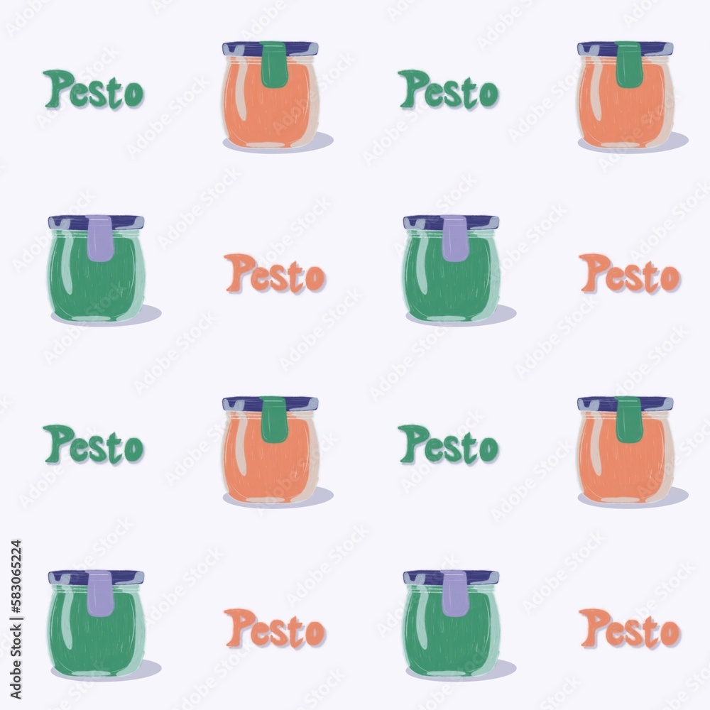 Seamless pattern with colorful jars of pesto on a light background in ...