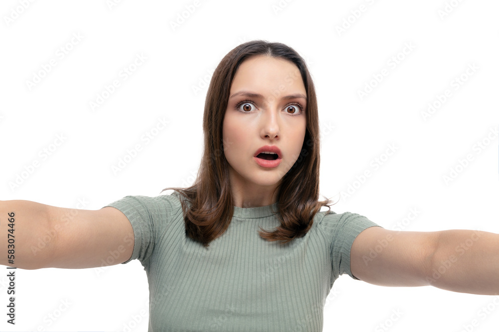 Stunned wondered beautiful young woman reaching hands forward to the ...