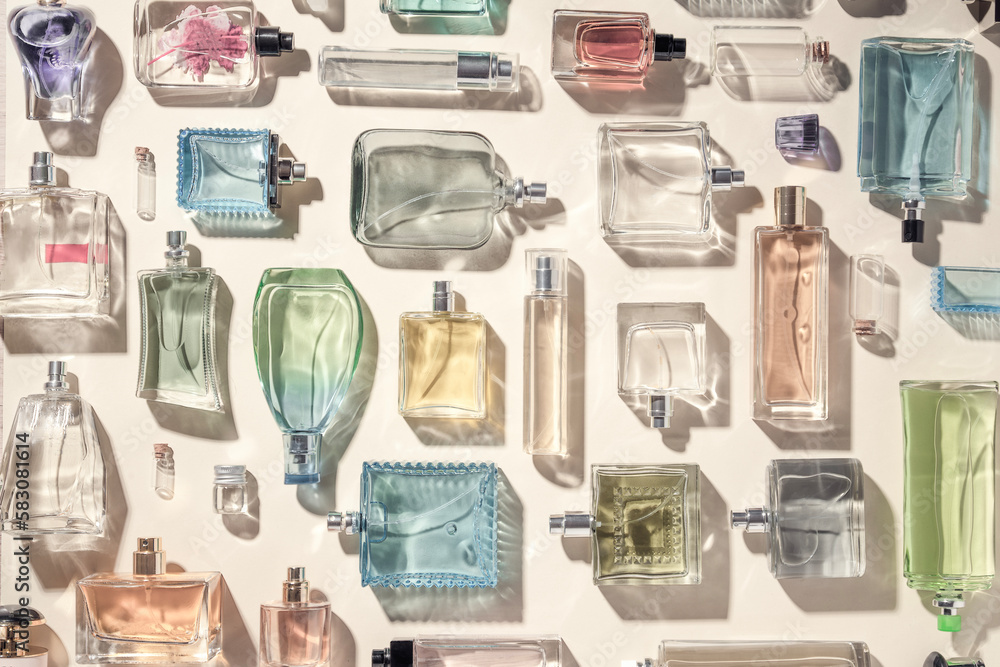 Perfume and eau de toilette bottles flatlay a lot, collection top view ...