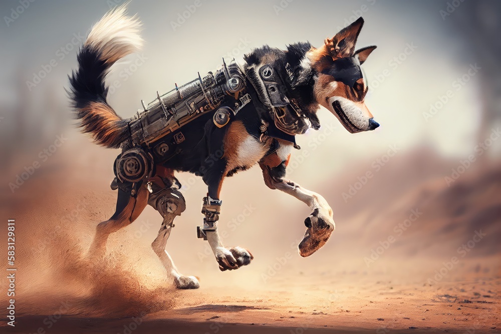 mechanical leg helping dog run and play with its pack, created with ...