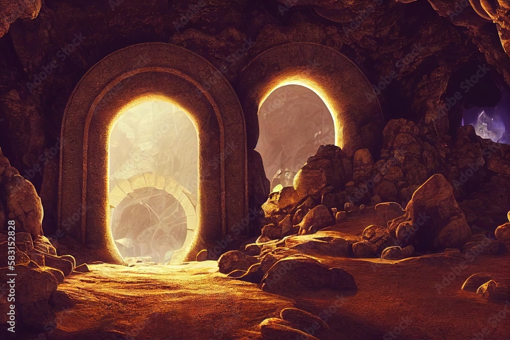 Abandoned fantasy portal stone arch in mountain cave. Magic gate ...