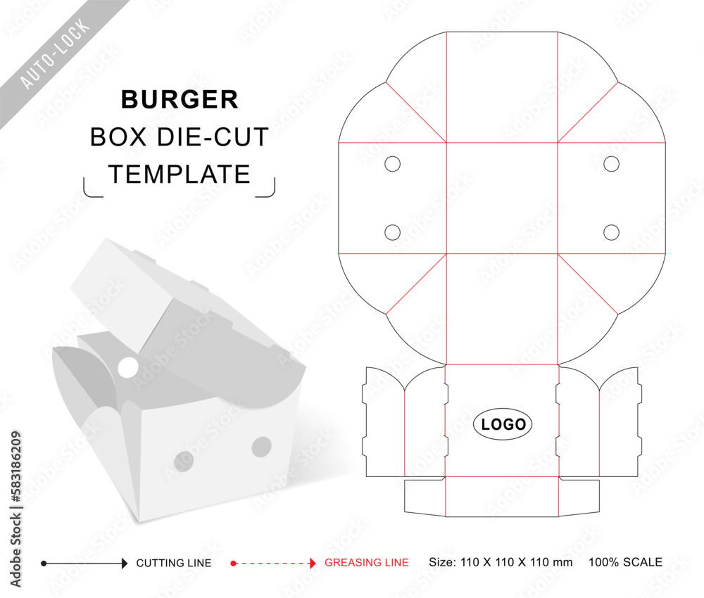 Burger box die cut template with auto lock and 3D blank vector mockup ...