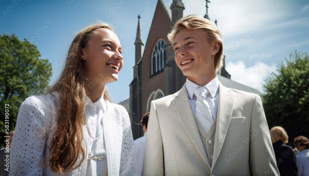 Holy church confirmation ceremony with young stylish teenager dressed ...