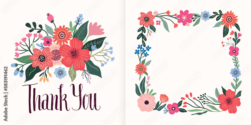 Thank You cards with floral design, different flowers bouquet and ...