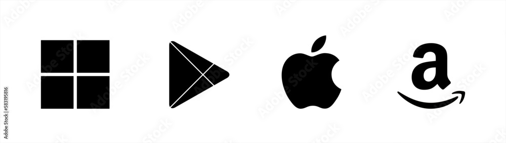 Apple, android, Amazon and Windows logo. Mobile OS logo. Apple, Google ...