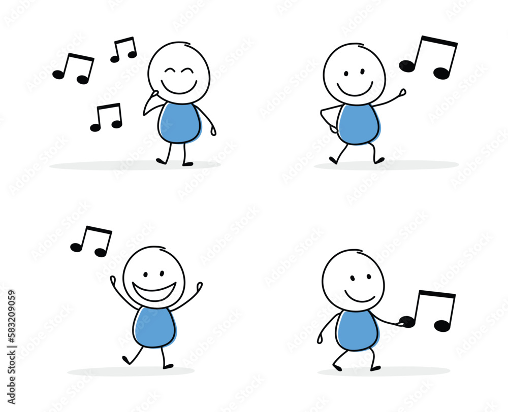 Collection of a happy stickman holding music notes sign. Cartoon style ...
