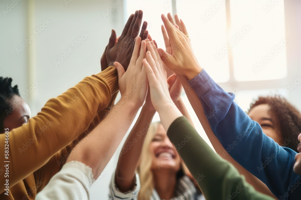 Diverse group of businesspeople with hands coming together in unity ...