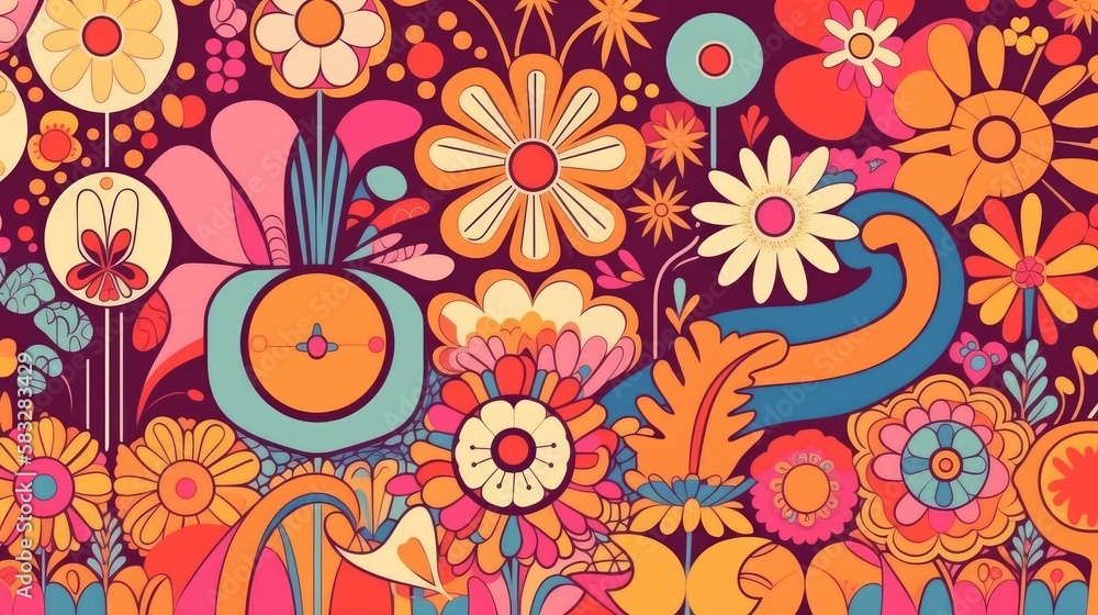 70s retro poster art style, flower power, flowers and LSD psychedelic ...