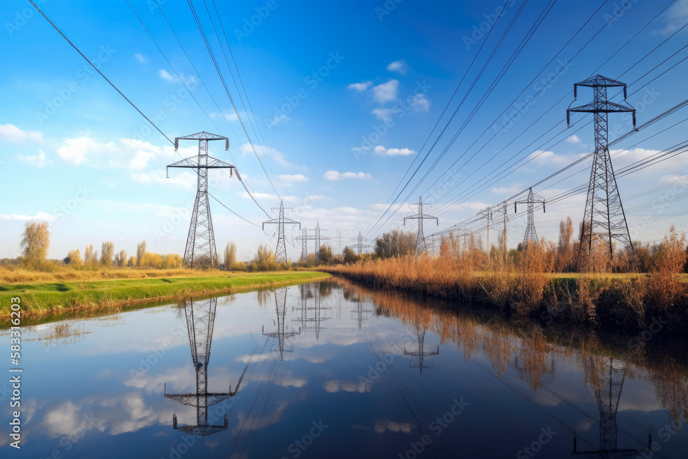 High-voltage power lines stretching across a landscape, with ...