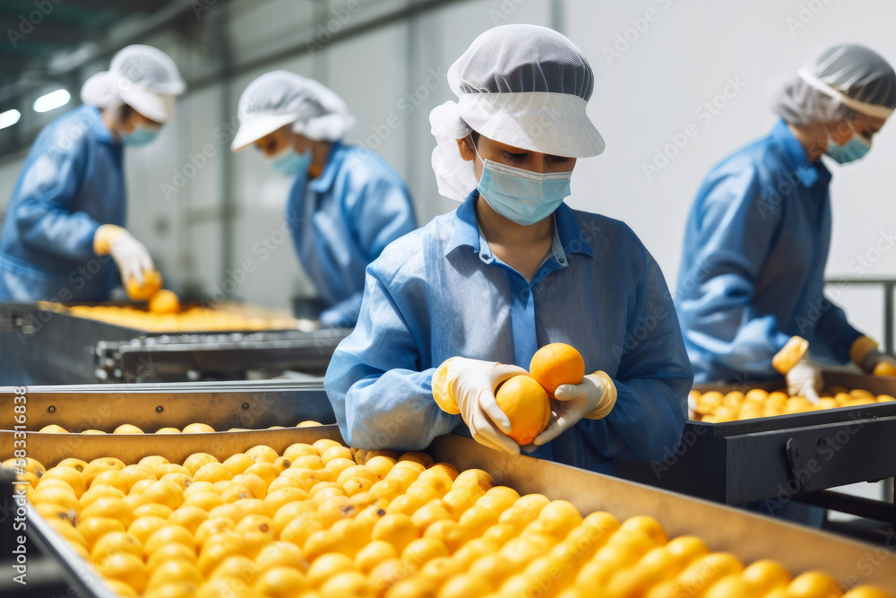Industrial workers in a food processing plant sorting and packaging ...