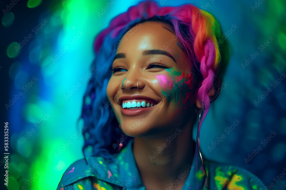 Portrait of a smiling Gen Z with rainbow hair color covered with ...
