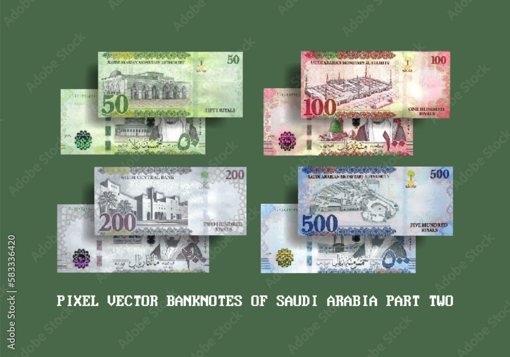 Vector set of pixelated mosaic Saudi Arabian banknotes. Banknotes in ...