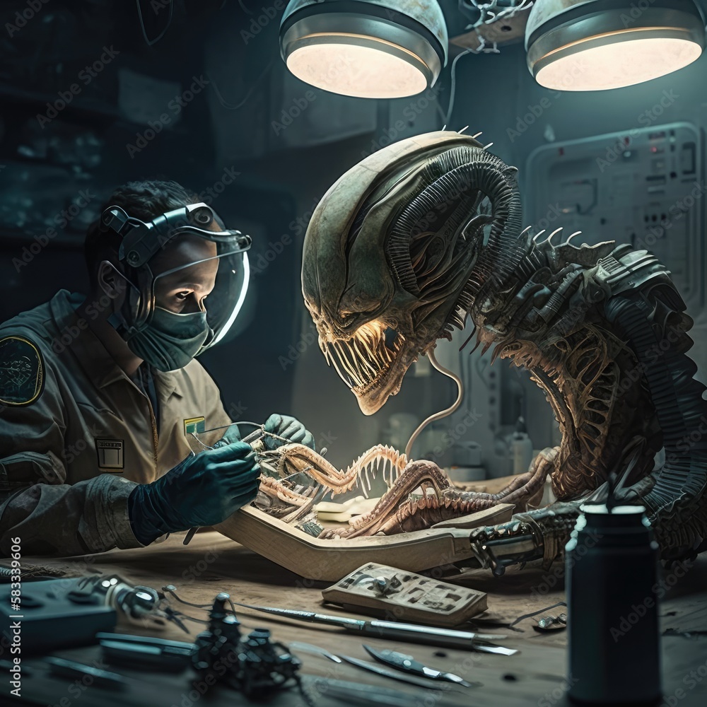 Scientist or doctor dissecting mutant creatures, aliens, science ...