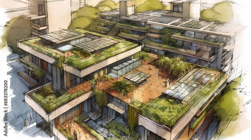 Sketch of sustainable urban architecture, featuring green roofs and solar panels. Eco friendly ...