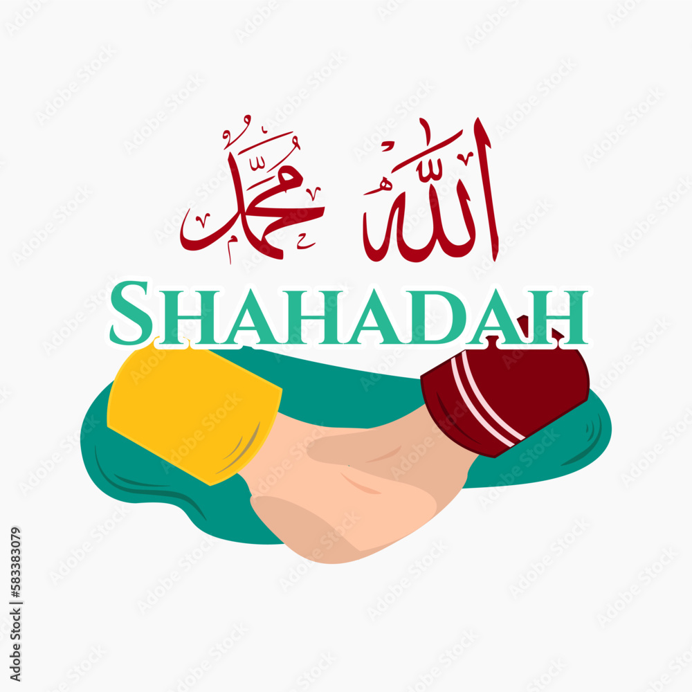 illustration of two shahada sentences with 2 hands shaking each other ...
