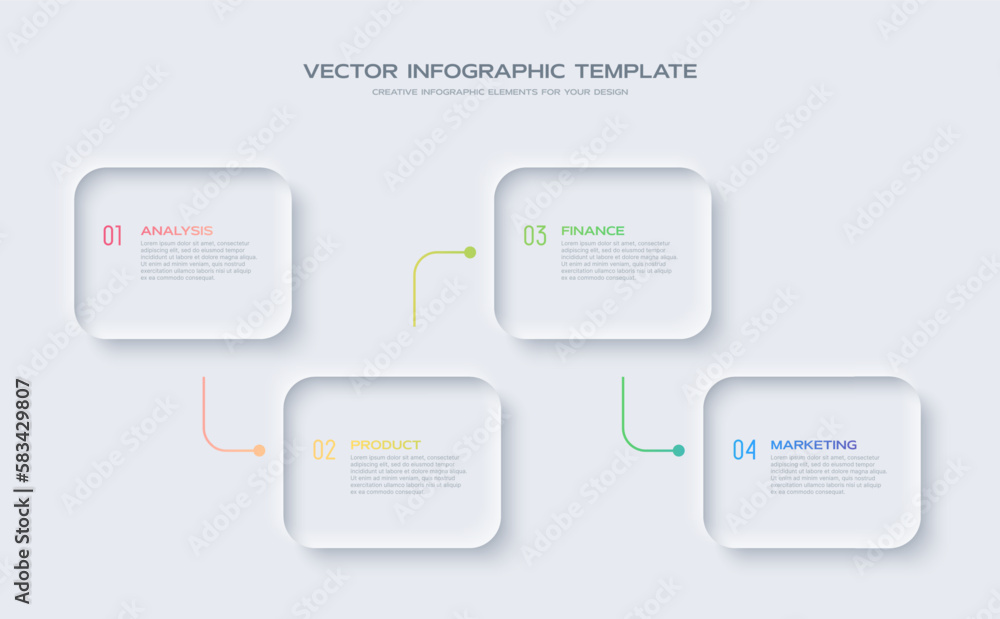 Neumorphism design infographic, 4 step timeline illustration. Minimal ...