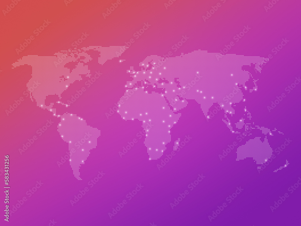 Dotted world map with many highlighted capital cities on a vibrant ...