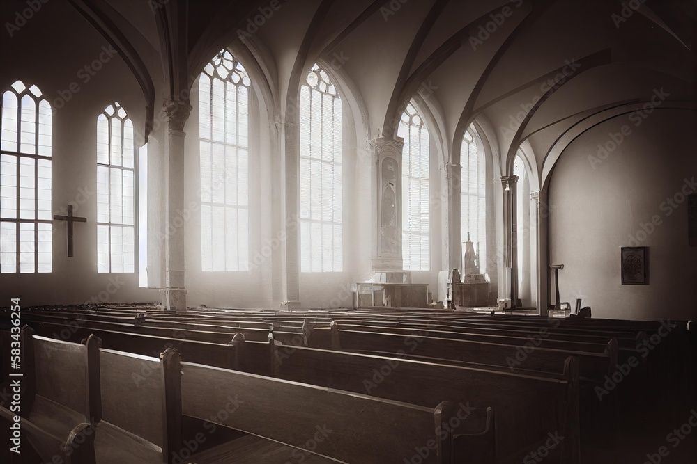 Christian church interior with windows and empty pews background ...