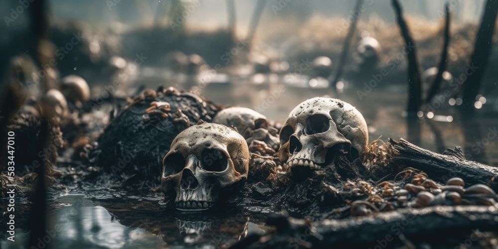 Skeletal remains of fallen warriors of war, human skulls and bones ...