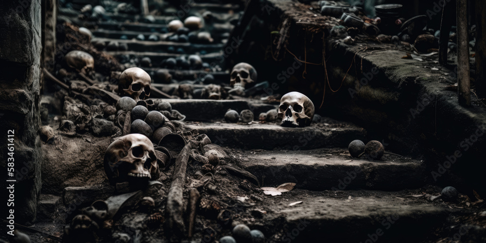 Skeletal remains strewn all over ancient decaying castle stone steps ...