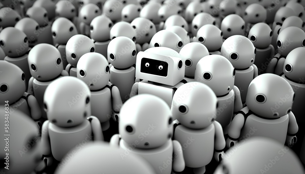 Crowd of white robots, showcasing advanced AI, machine learning, and automation in a sci-fi ...