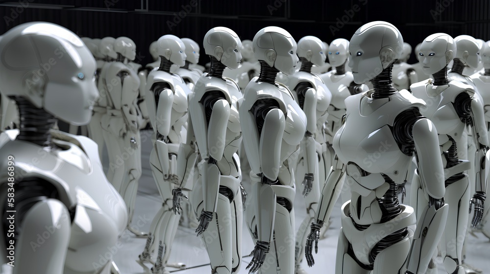 Stock-Illustration „Crowd of white android robots, showcasing advanced AI, machine learning, and ...