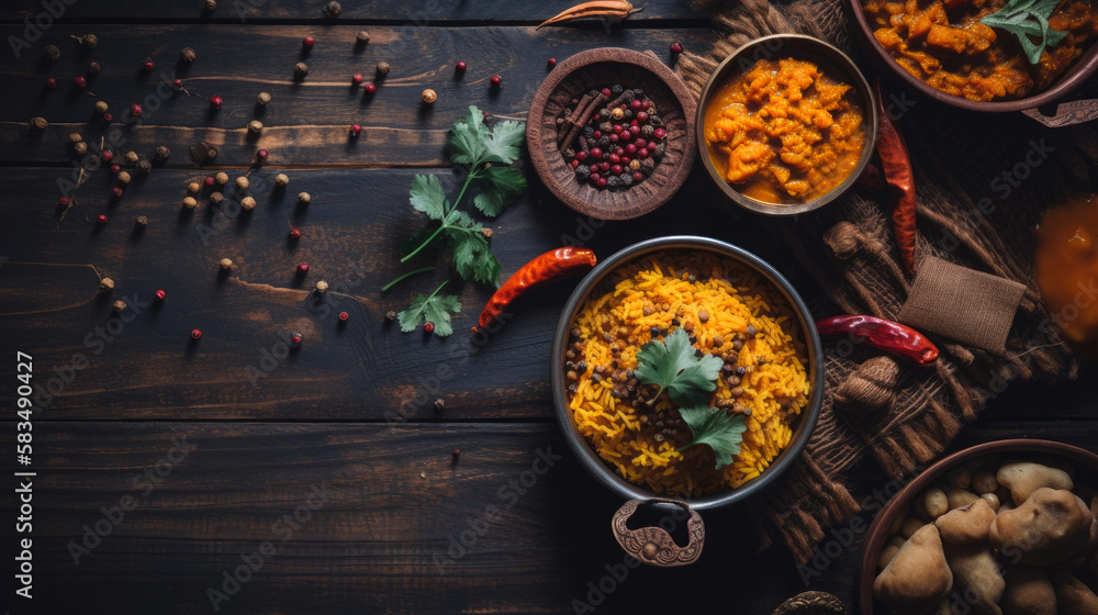 Overhead shot for Indian food restaurant menu. Indian traditional ...