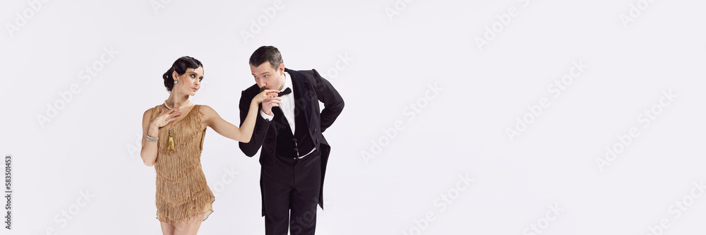 Banner With Adorable Woman And Retro Man Kissing Her Hand In Vintage