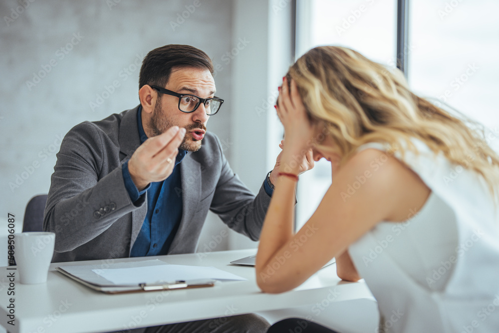 Boss threatening with finger his employee in office. Angry mean boss ...