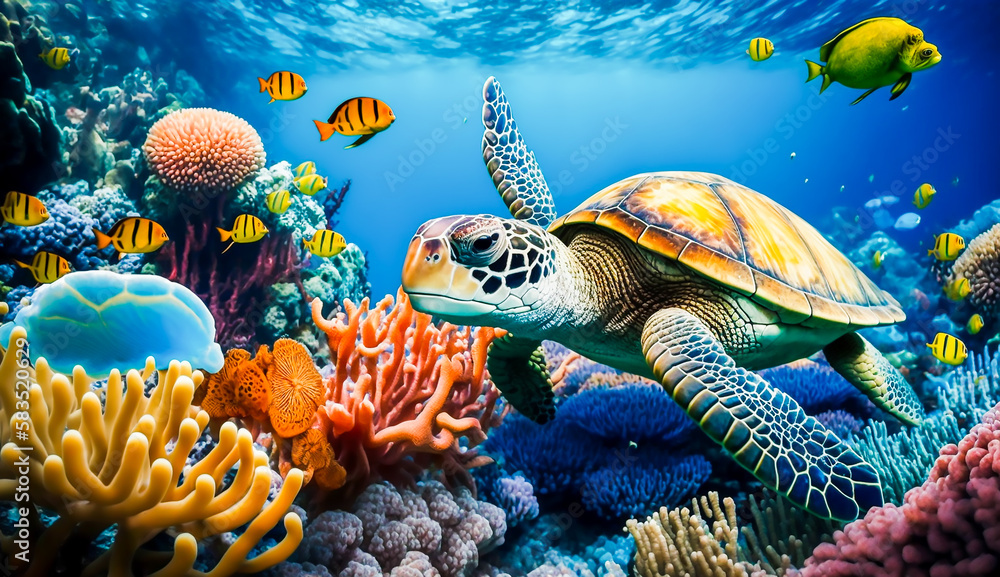 Colorful tropical fish and turtle life in the coral reef, animals of ...