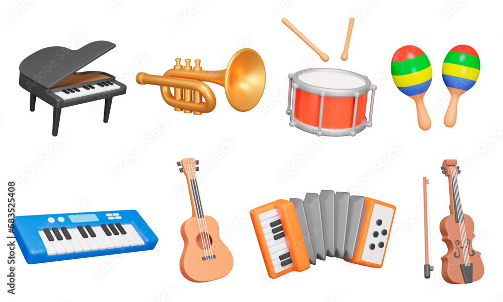 Musical instruments 3d icon set. Classic and modern, for amateurs and ...