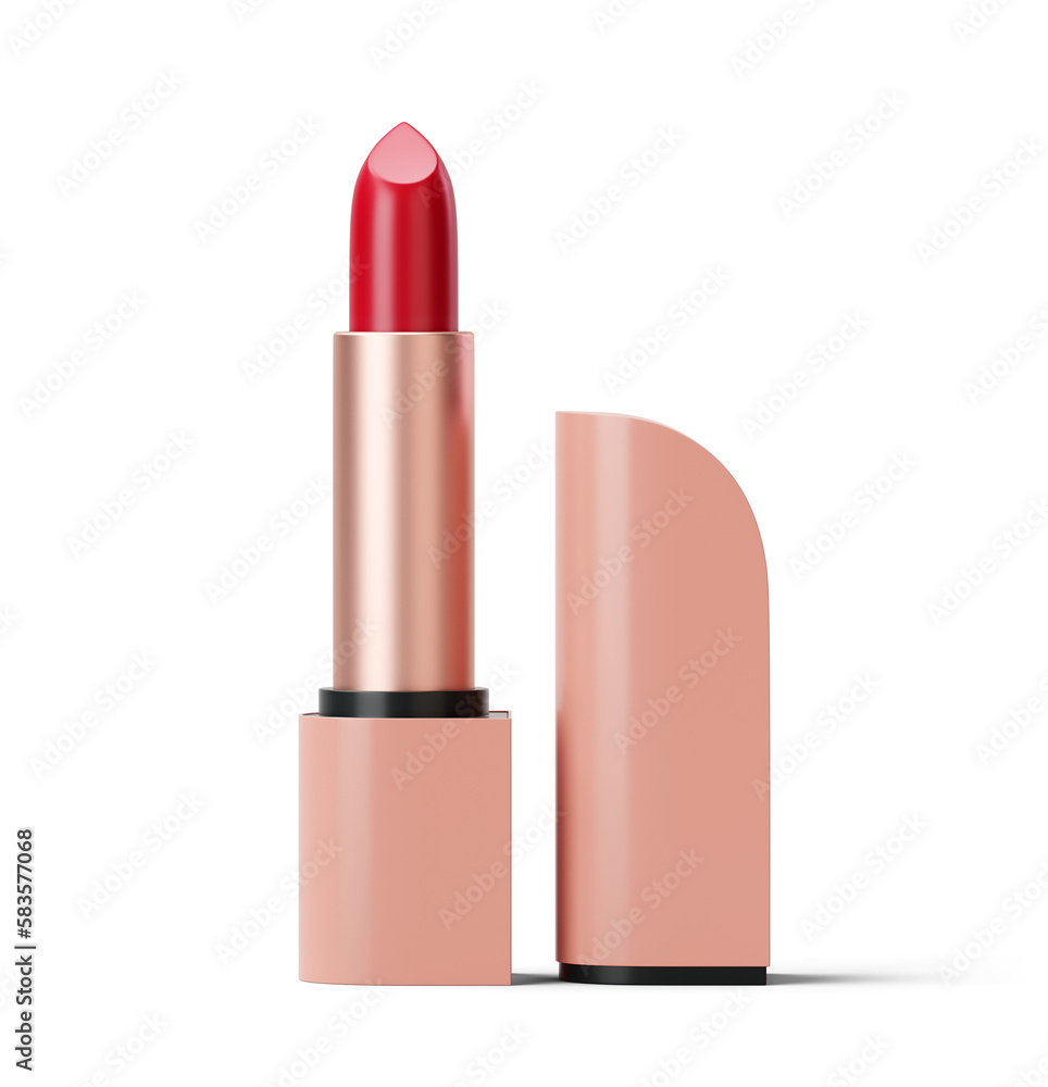 Open red lipstick in beige packaging with lid. Isolated on transparent ...