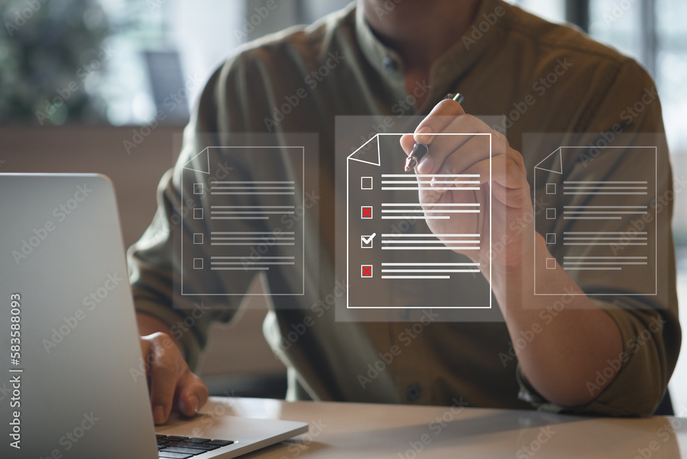man chooses questionnaire with checkbox, survey form online, answer ...