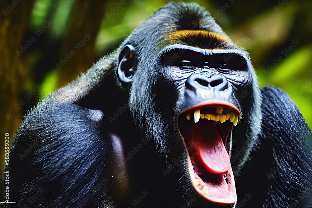 Gorilla primate has opened its mouth and emits warning cry in wild ...