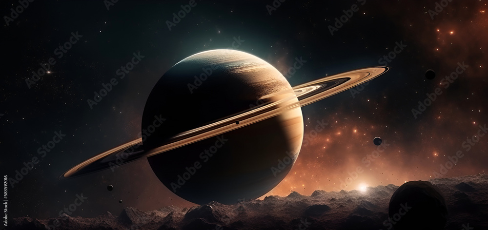 Saturn planet with rings in outer space among stardust and stars, Titan ...