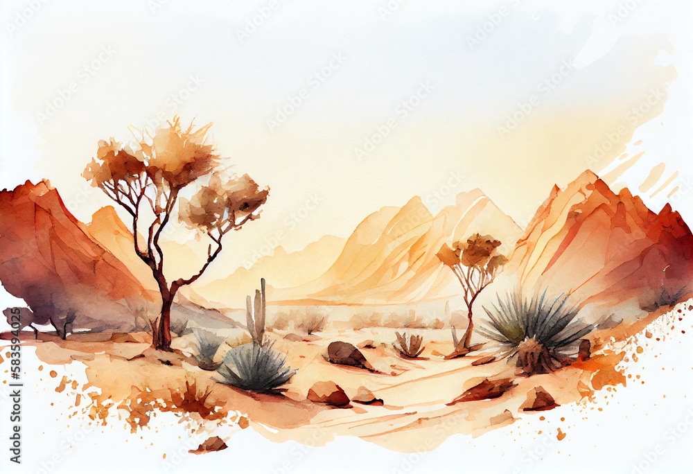 Watercolor Illustration of a Dry Climate Desert Landscape Background ...