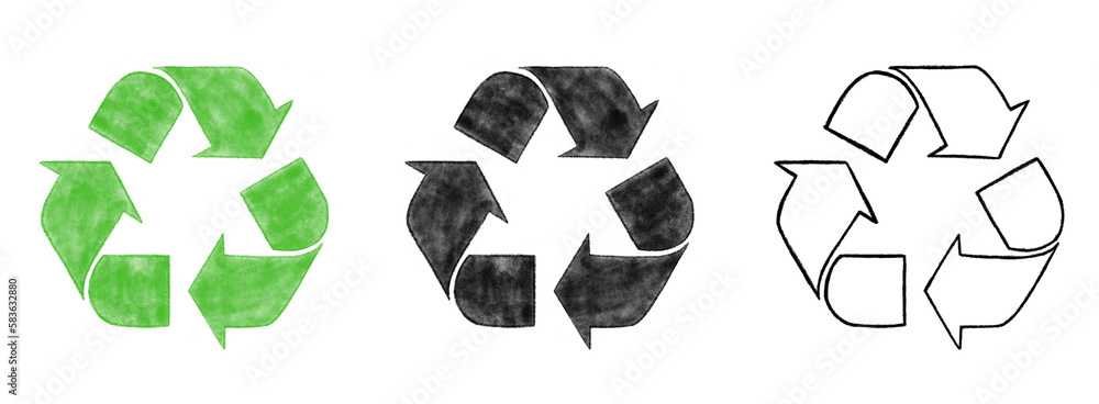 Recycle symbol vector illustration set black lines and green hand drawn ...