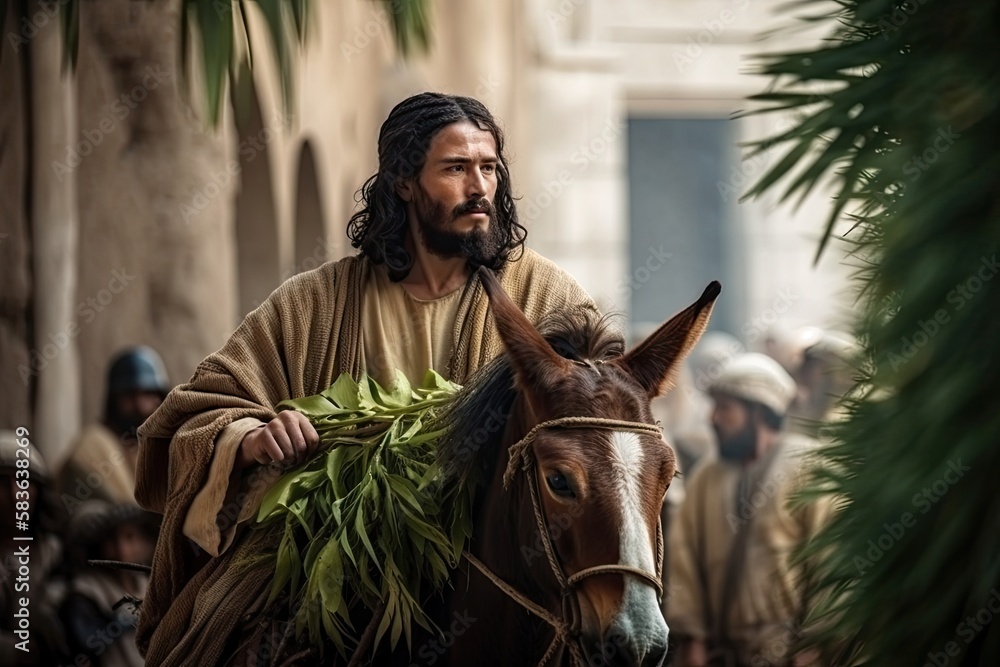 Biblical account of Jesus Christ riding a donkey while many people ...