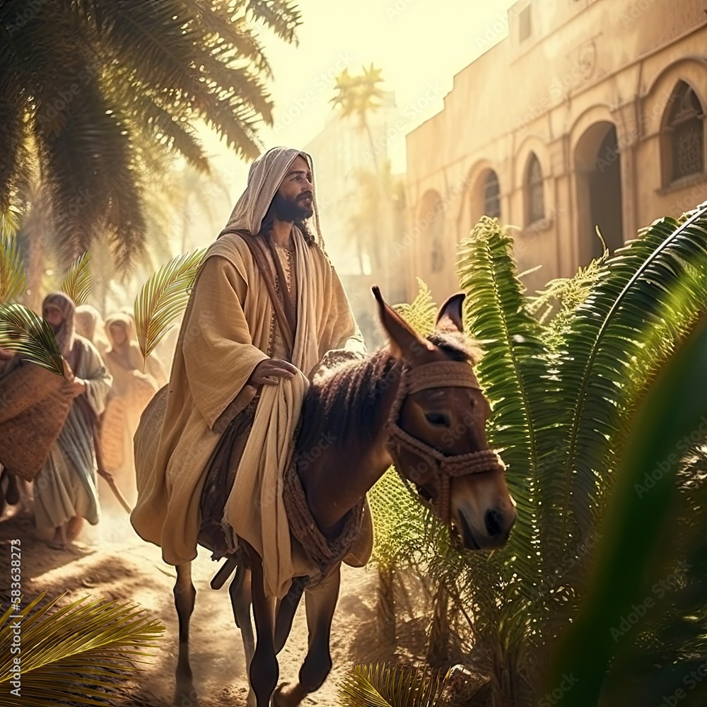 Biblical account of Jesus Christ riding a donkey while many people ...