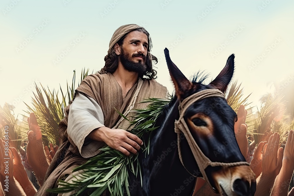 Biblical account of Jesus Christ riding a donkey while many people ...