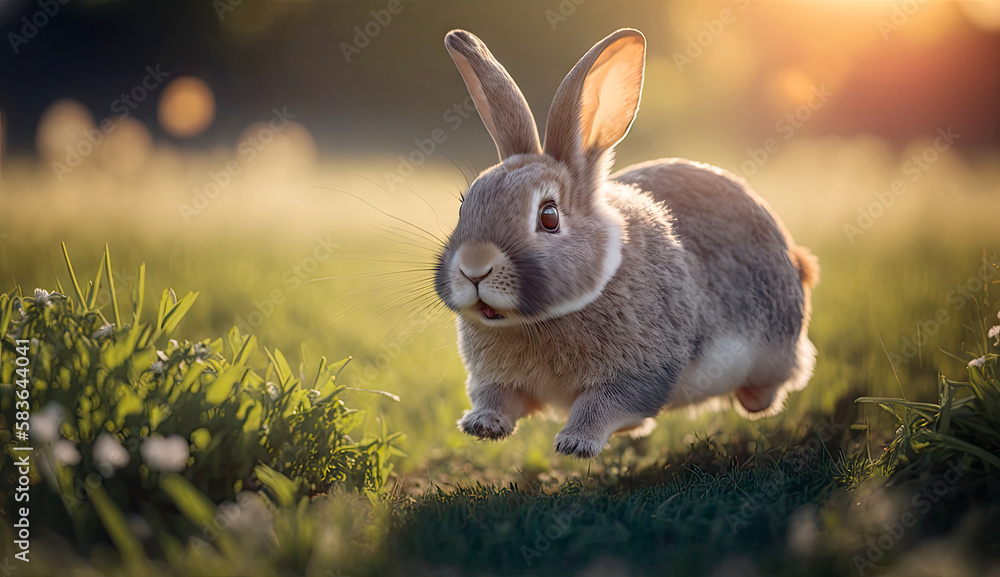 Cute little rabbits running on grass field yard in the morning with ...