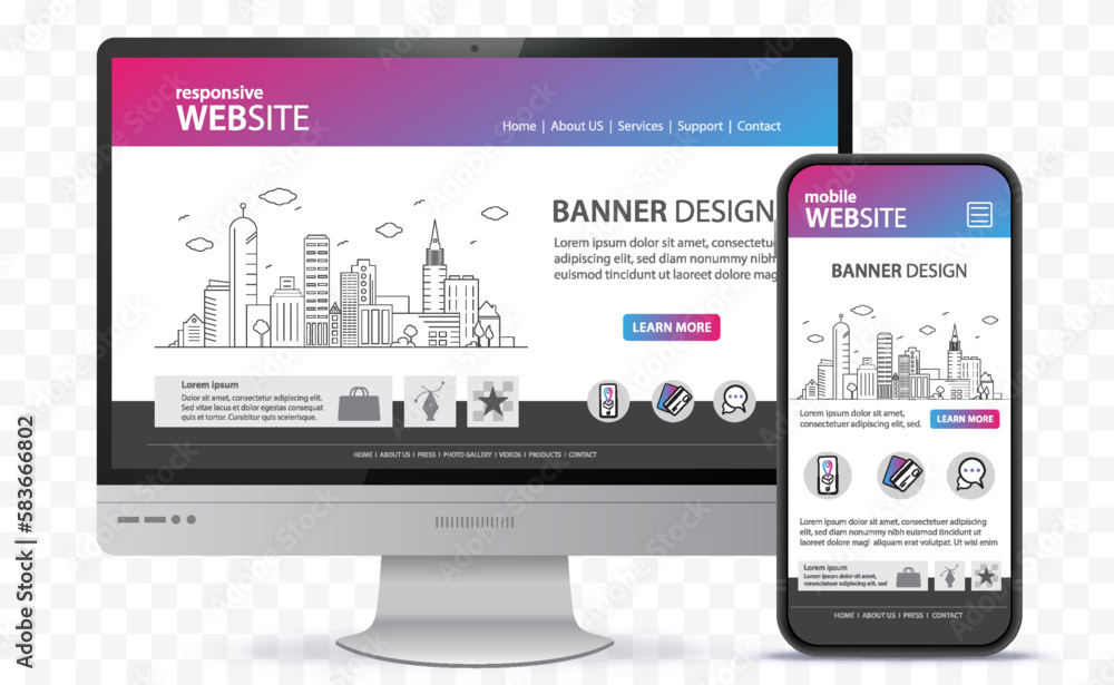 Responsive Website Design With Desktop Computer and Mobile Phone Screen Vector Illustration ...