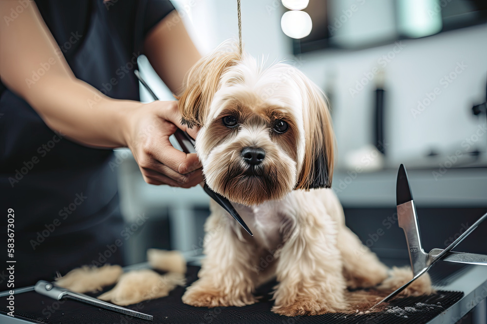 Generative AI Illustration of an adorable dog on the working table of a ...